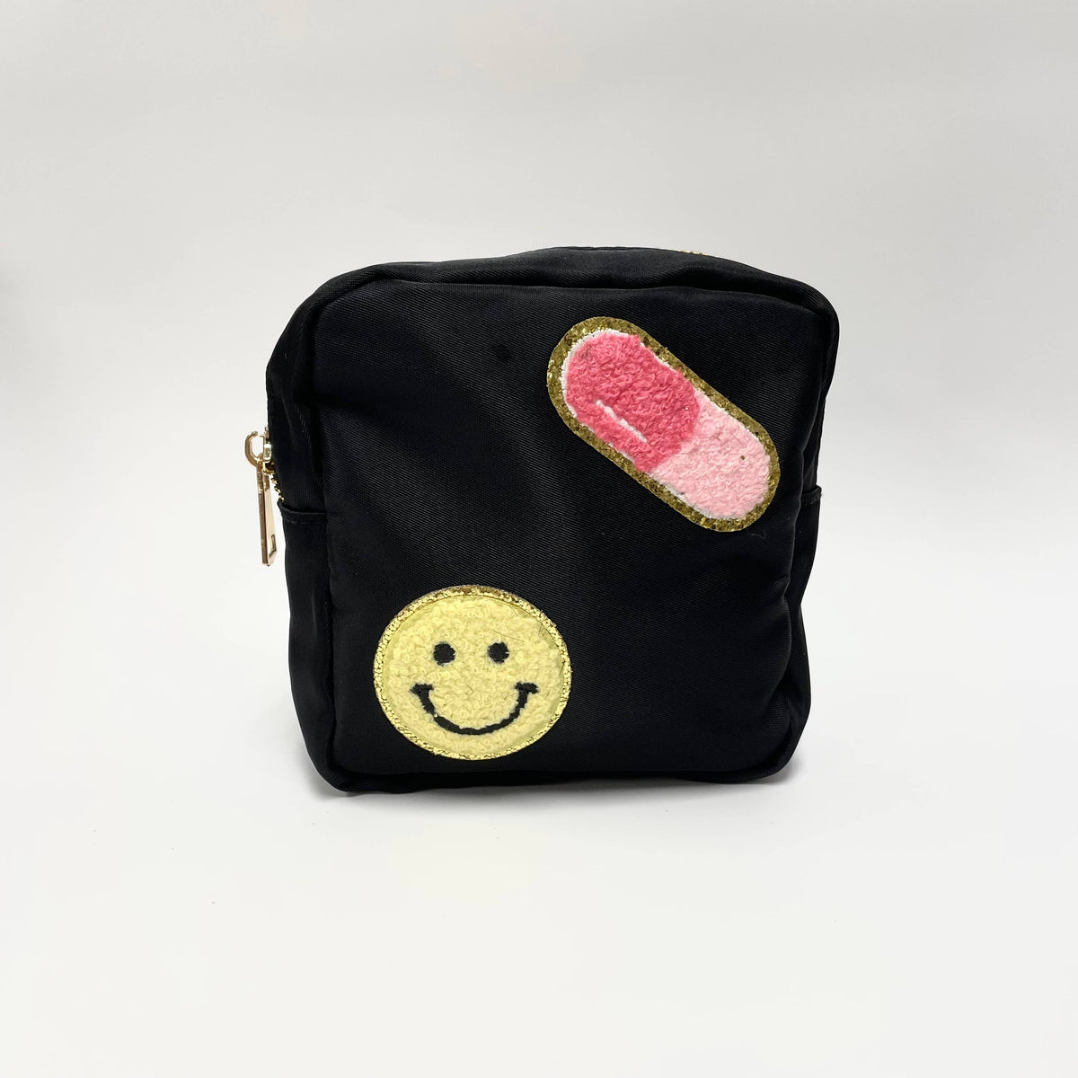 Smiley & Pill Black Pouch w/ Chenille Patches – deVINE Boston